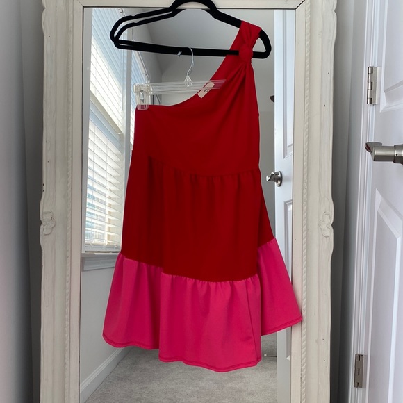 entro | Dresses | Entro Color Block One Shoulder Dress Pink Ruffle ...